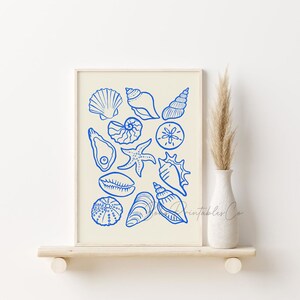 Blue Seashells Print, Hand Drawn Sea Shells Print, Trendy Coastal ...