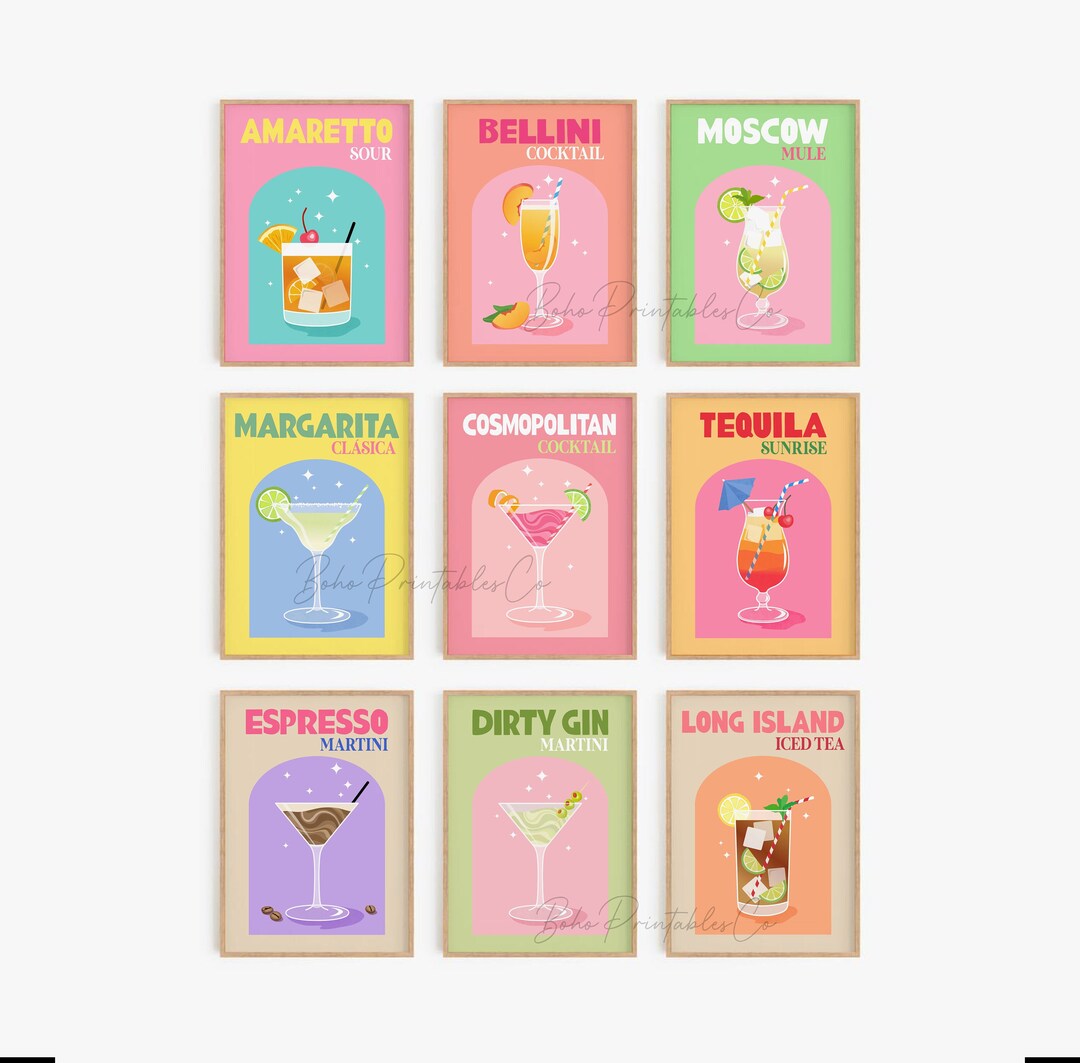 Cocktail Print Set of 9, Colorful Cocktail Bundle, DIGITAL DOWNLOAD ...