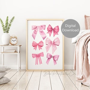 Pink Ribbons Print, Coquette Pink Bows Printable Wall Art, Preppy ...
