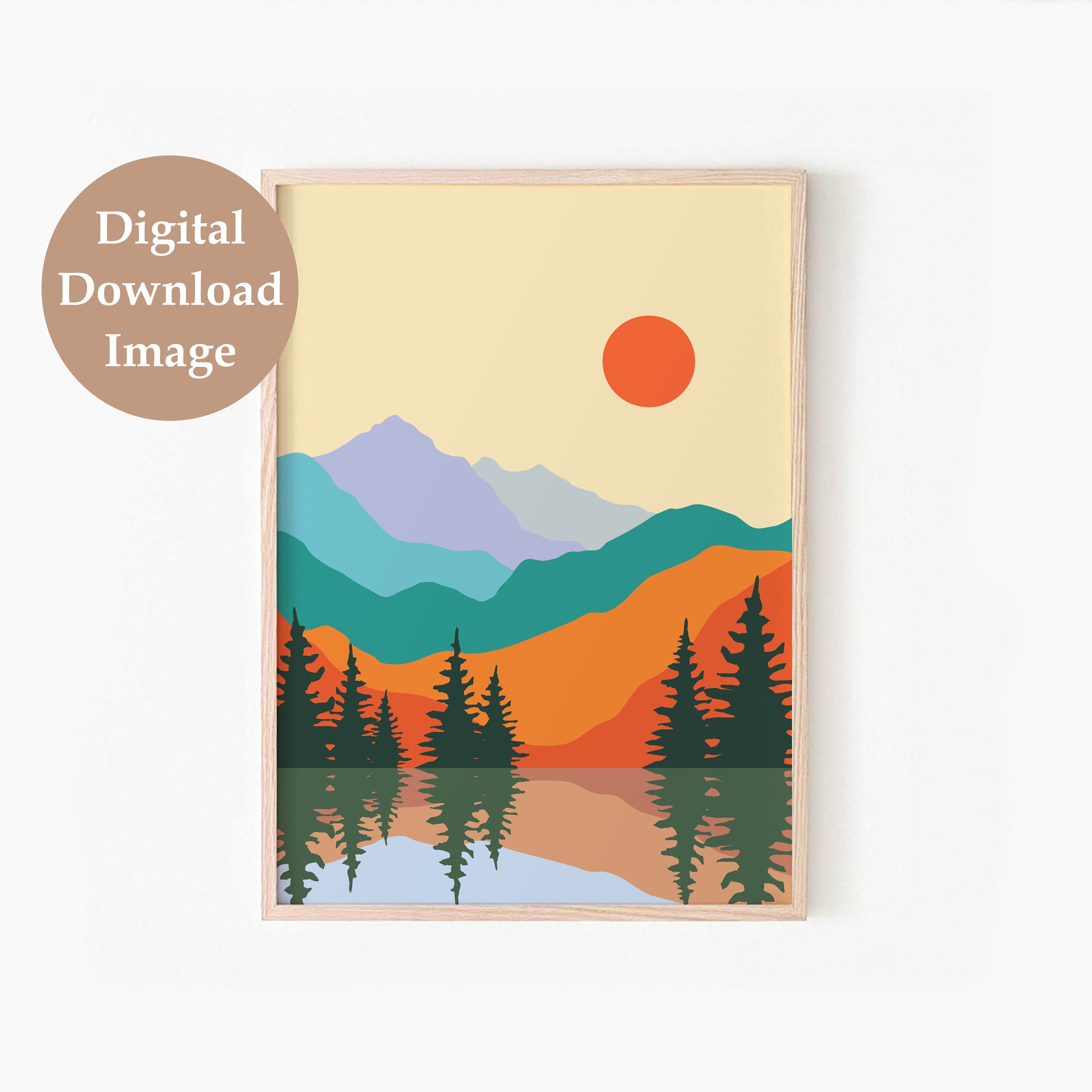 Boho Landscape Print Abstract Mountains Poster Trees Lake - Etsy