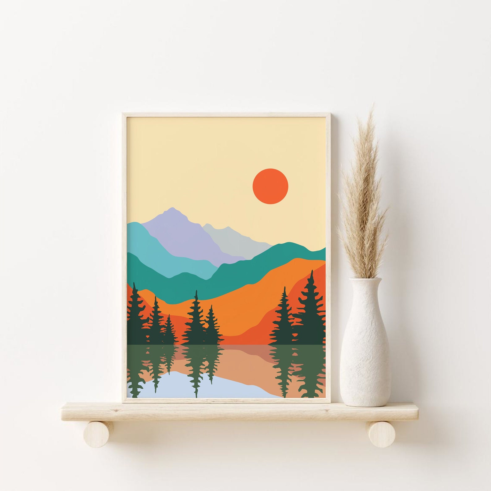 Boho Landscape Print Abstract Mountains Poster Trees Lake - Etsy