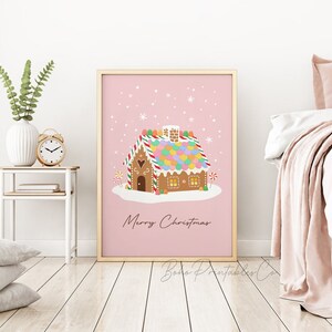 Pink Gingerbread House Print, Pink Vintage Holiday Wall Decor ...