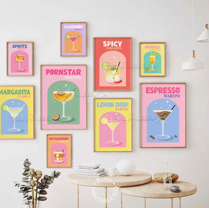 Colorful Cocktail Gallery Wall Set of 9 Prints, Retro Cocktail Poster ...