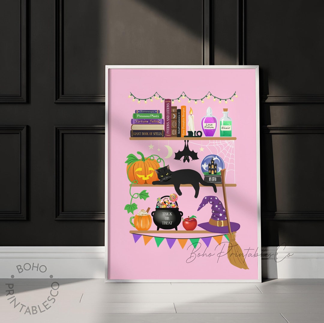 Pink Halloween Print, Halloween Shelves Print, Spooky Bookshelf ...