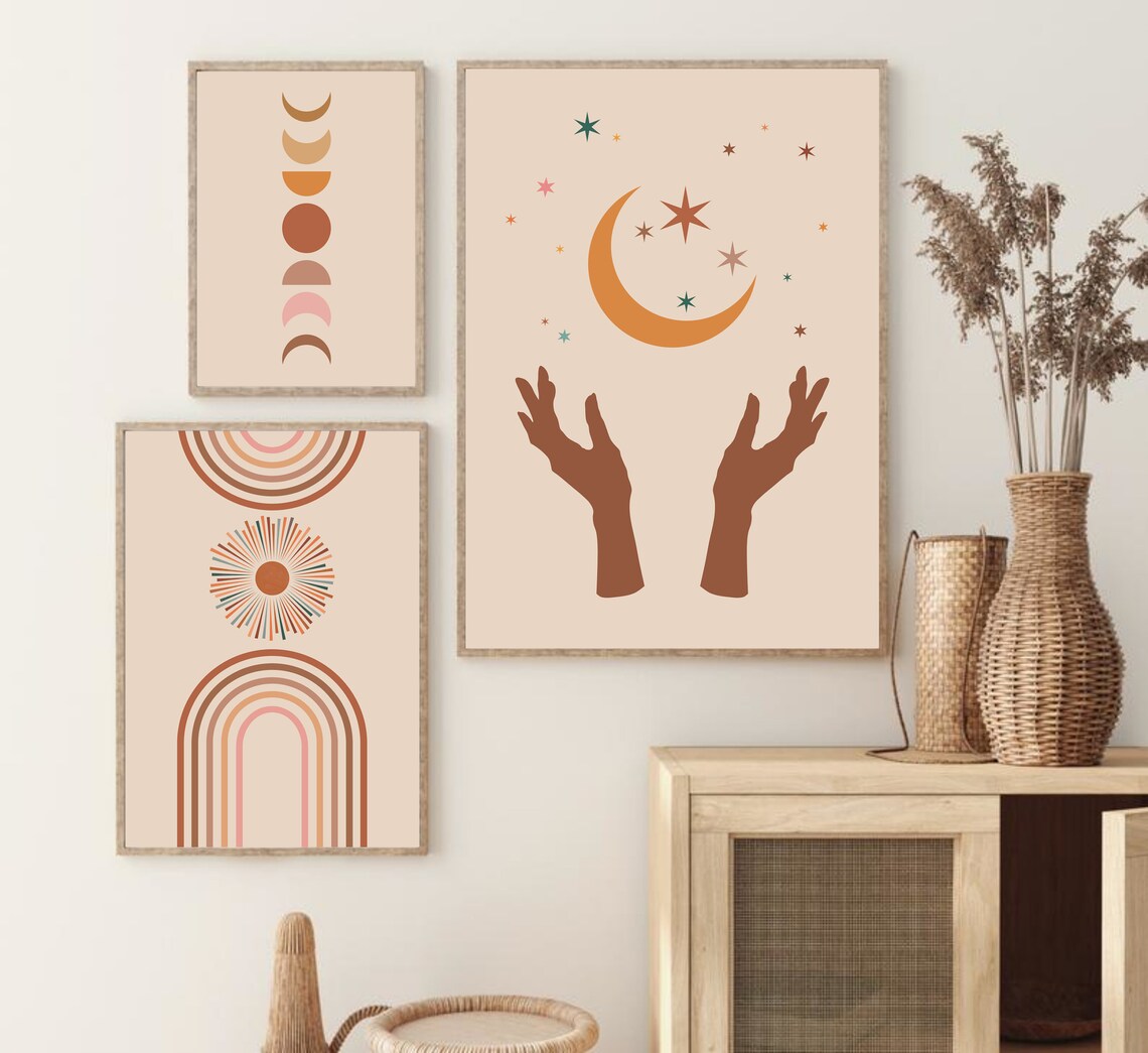 Celestial Prints Set of 3, Abstract Boho Printable Wall Art, Sun Moon ...