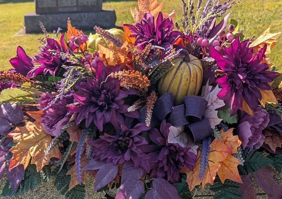 Purple Autumn Headstone Saddle- Fall Leaves and Pumpkins and Purple ...