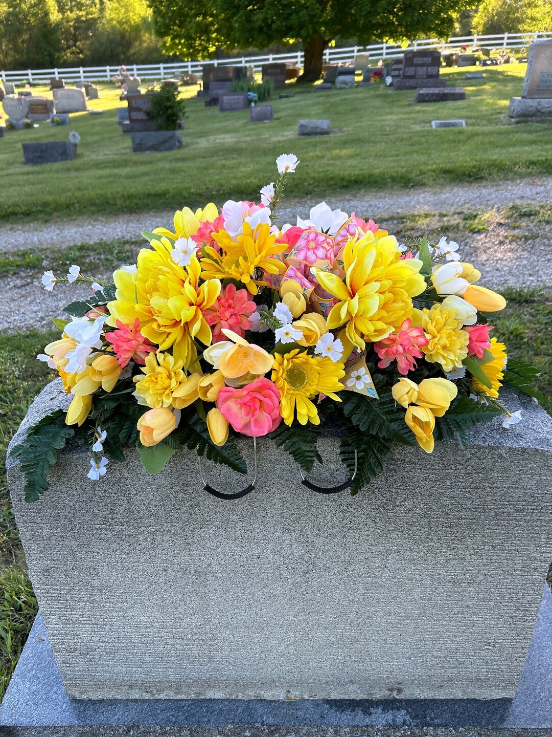 Yellow Peach White Headstone Flowers Grave Topper headstone Saddle ...