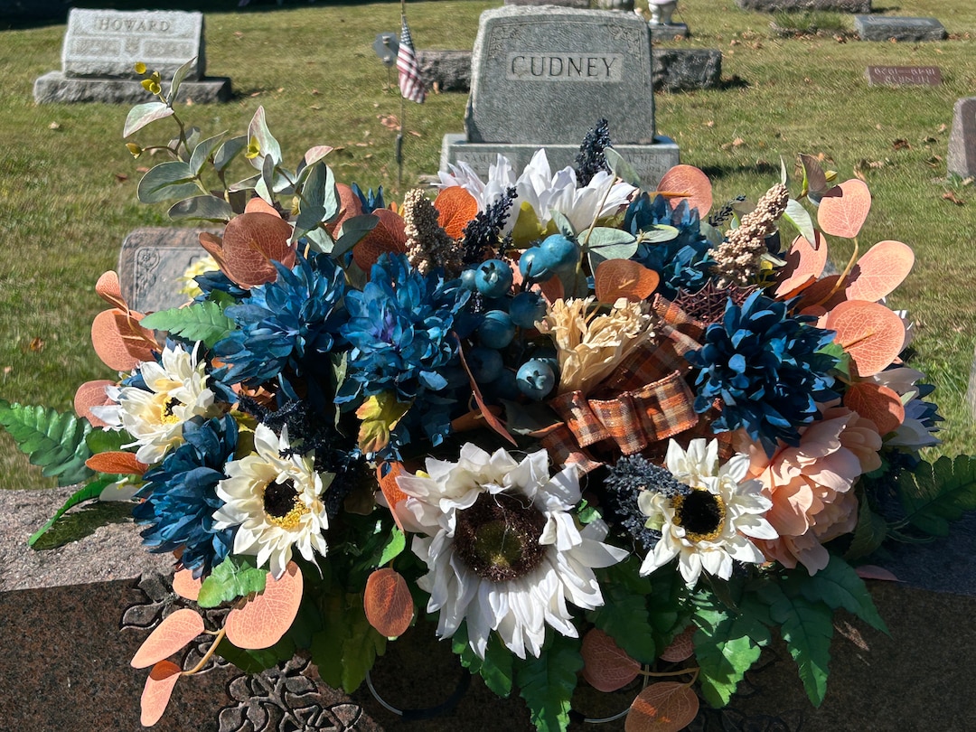 Fall Navy and Creamy White Peachy Orange Headstone Flowers-sunflower ...