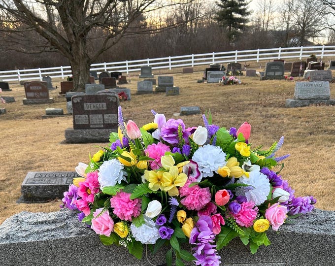 Spring Floral Sympathy Flowers,purple Pinks Yellow Headstone Saddle ...