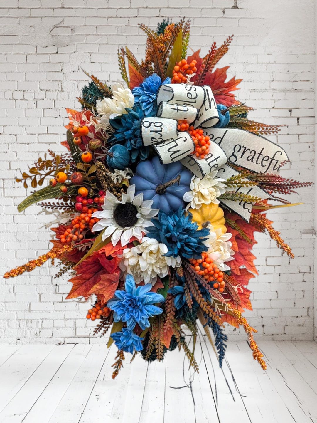 Blue and Orange Fall Swag With Pumpkins and Sunflowers - Etsy
