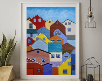 Colorful Houses Art - Etsy