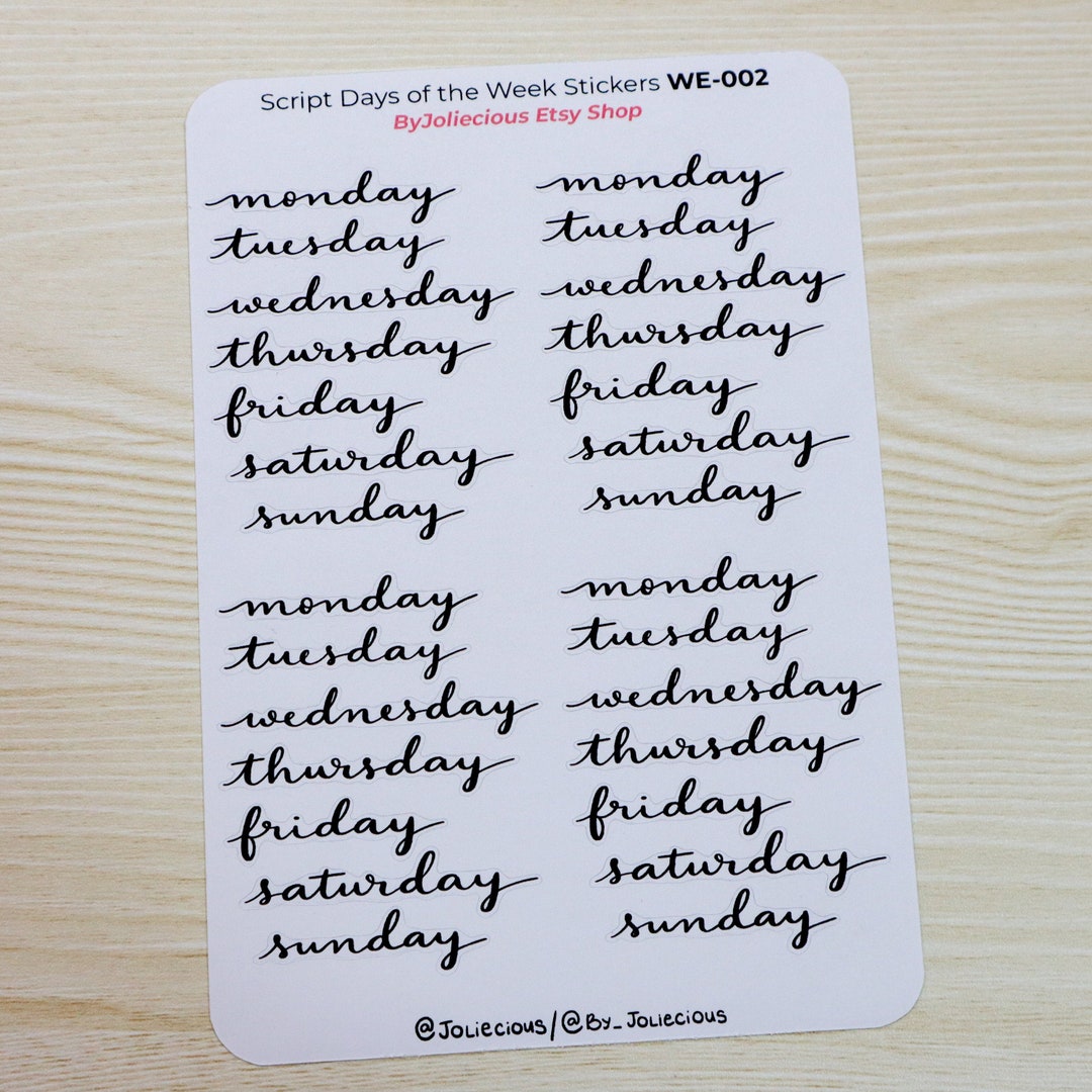 Script Days of the Week Planner Stickers, Handwritten Weekday Stickers ...