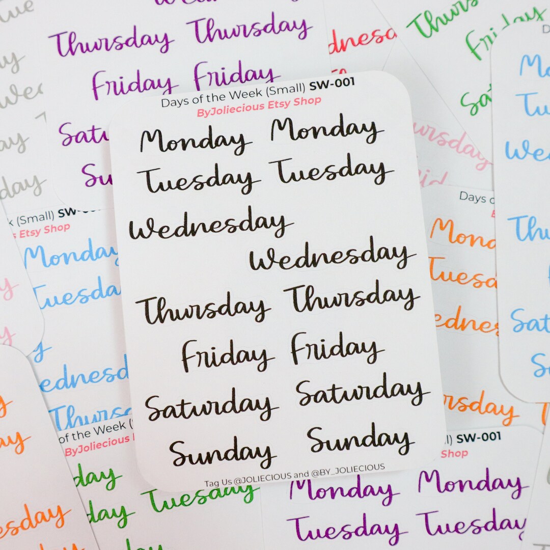 Small Script Days of the Week Planner Stickers, Handwritten Weekday ...
