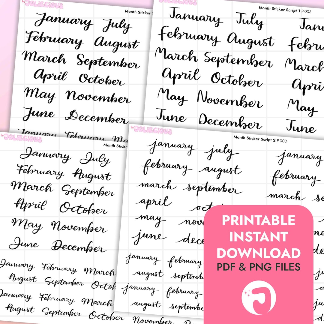 Print & Cut Month Script Stickers - Printable Handwritten Planner ...