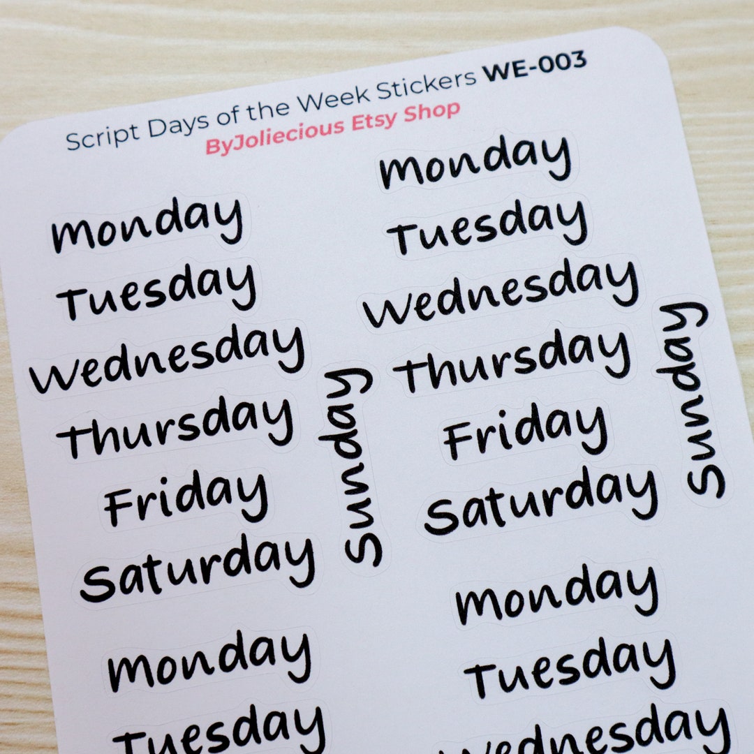 Script Days of the Week Planner Stickers, Handwritten Weekday Stickers ...