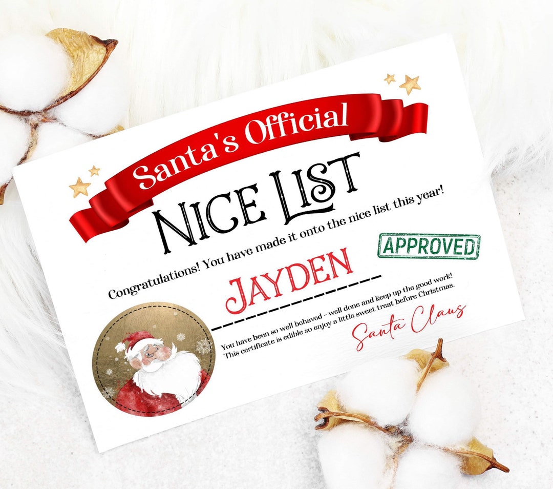 Personalised Santas Nice List Certificate, North Pole, Santas Letter ...