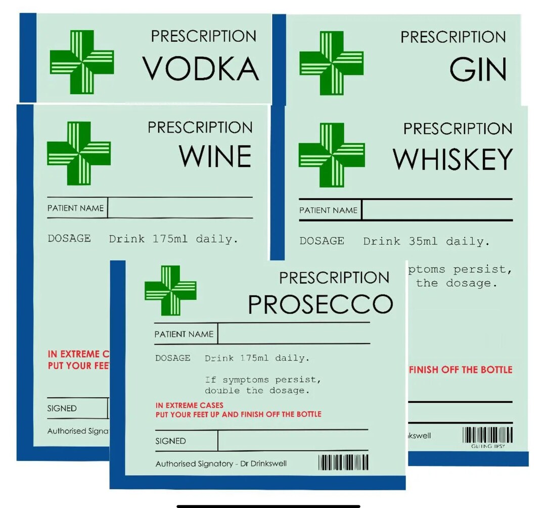 Set of 5 Blank Novelty Bottle Labels, Gin Label, Vodka, Label, Prosecco ...