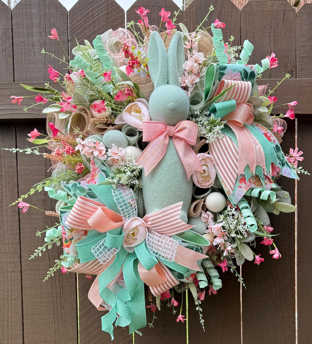 Pastel Easter Bunny Wreath, Spring Front Door Wreath, Pink and Mink ...