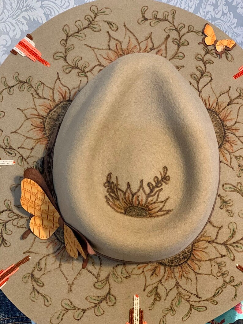 Custom Hand Burned and Beaded Hat / Hand Burned Wide Brim Hat - Etsy