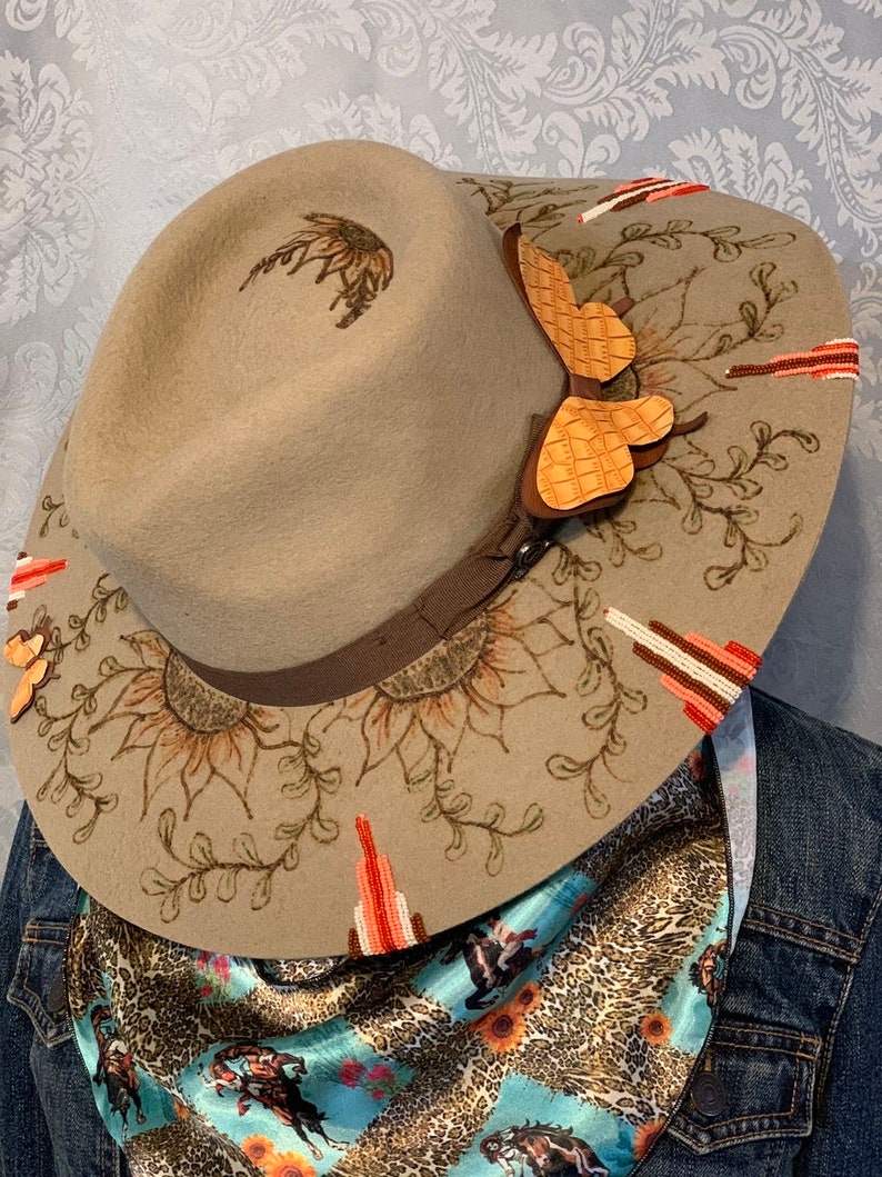 Custom Hand Burned and Beaded Hat / Hand Burned Wide Brim Hat - Etsy