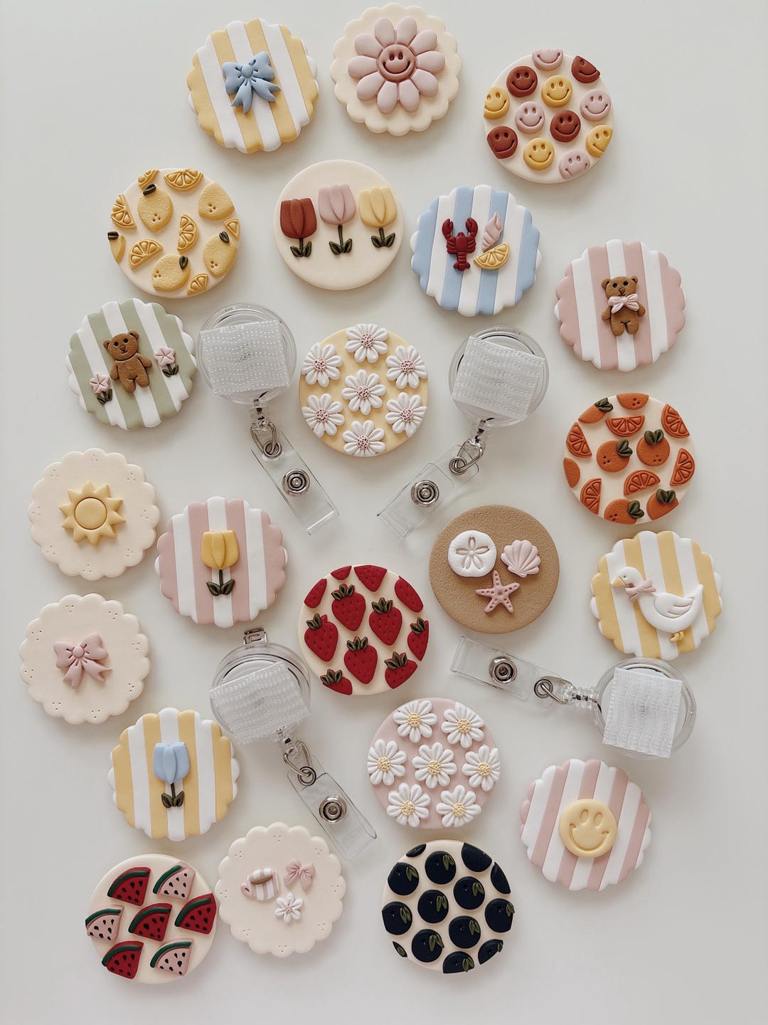 Clay Badge Reels, Tulip, Sun, Striped, Daisy, Coffee, Smiling Face, Bow ...