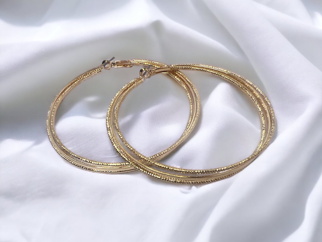 Large 3 Inch Hoop Earrings Classic Thin Three Hoop Earrings Gold Tone ...