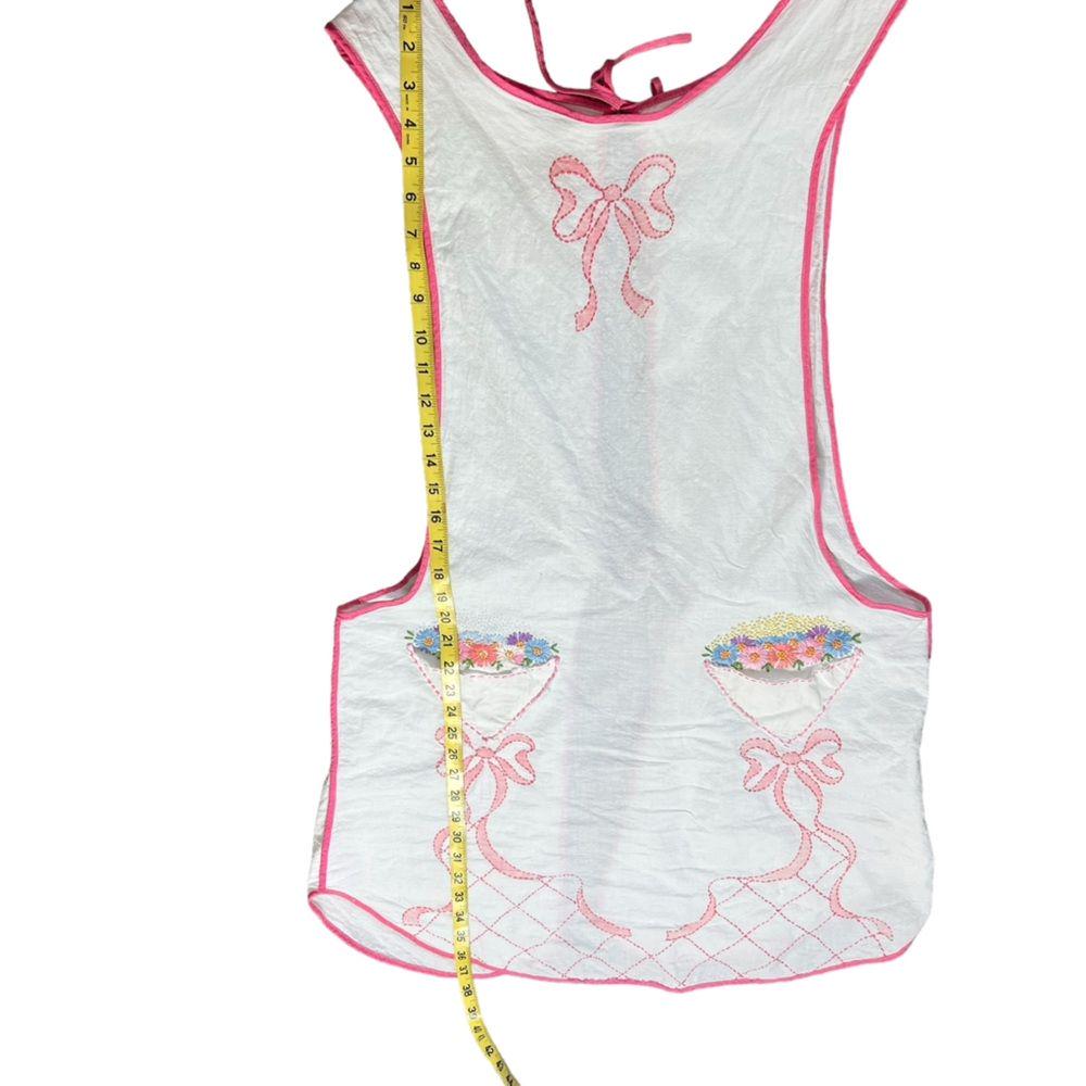 Vintage Embroidered Pinafore Apron Floral Bow White Pink Pockets OS - Etsy