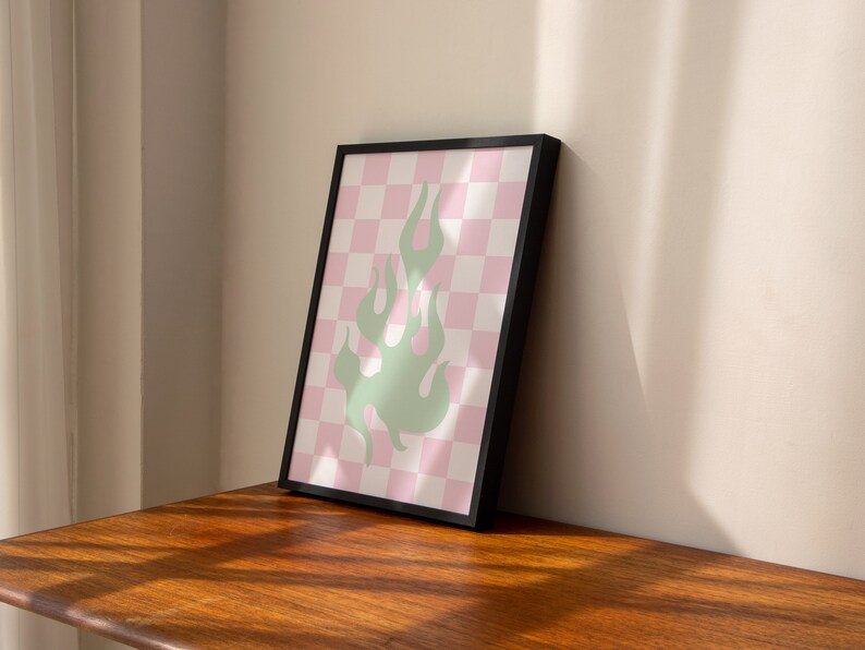 Flames Fire Y2K Checkerboard Print Retro Art Groovy Pink - Etsy