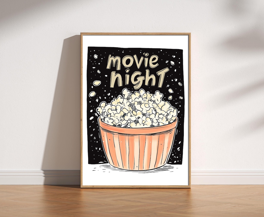 Movie Night Doodle Popcorn Wall Art Print, Movie Night Illustration ...