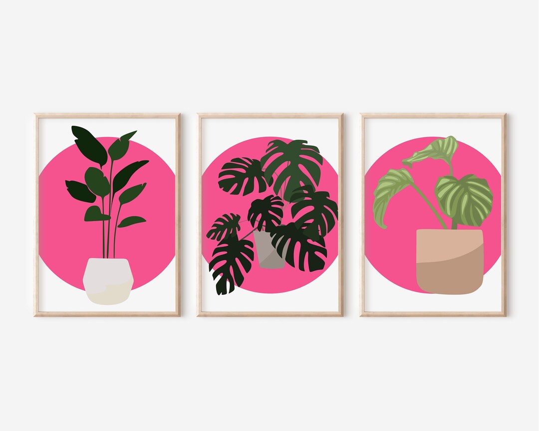 Pink Abstract Houseplant Prints Set of 3 Botanical Plants - Etsy