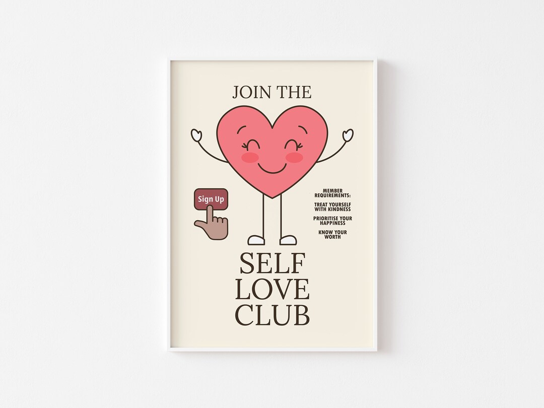 Self Love Club Heart Character Print - Love Heart Retro Mascot Print ...