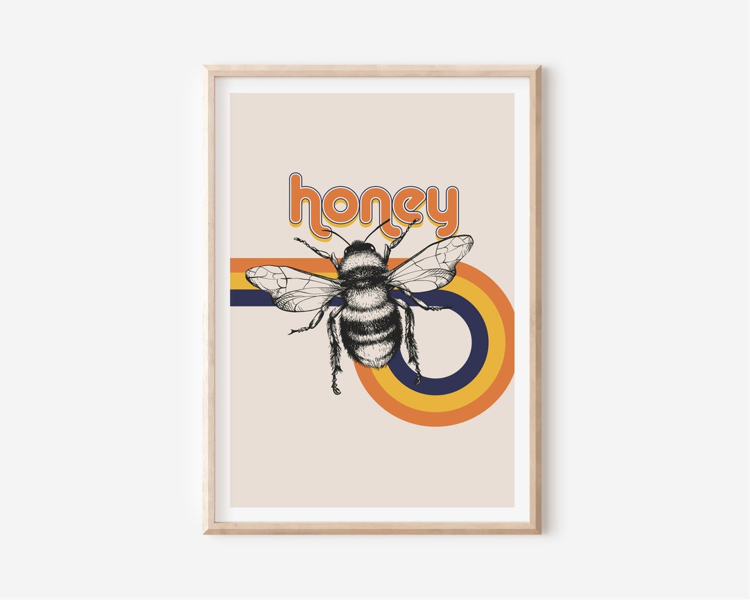 Retro Honey Bee Print - Retro Wall Art, 60s 70s Inspired, Bumble Bee ...