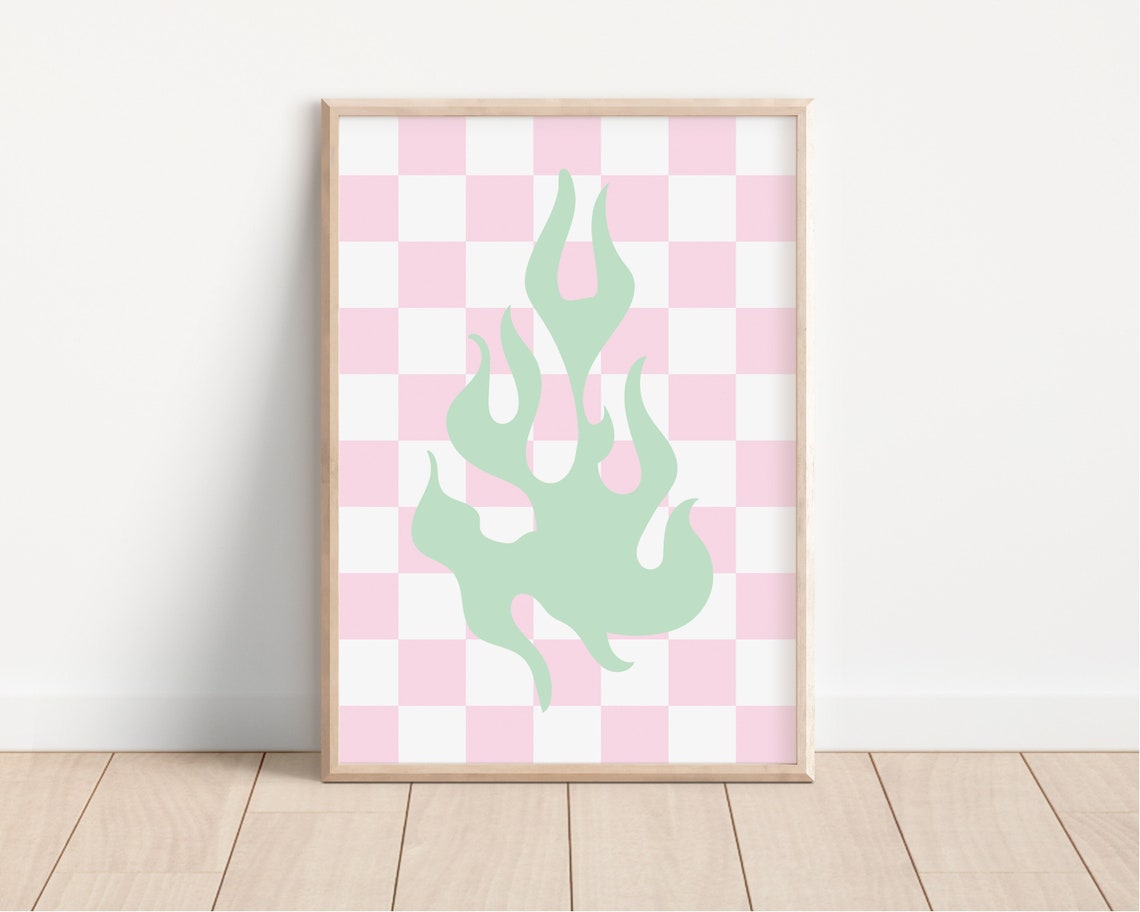 Flames Fire Y2K Checkerboard Print Retro Art Groovy Pink | Etsy