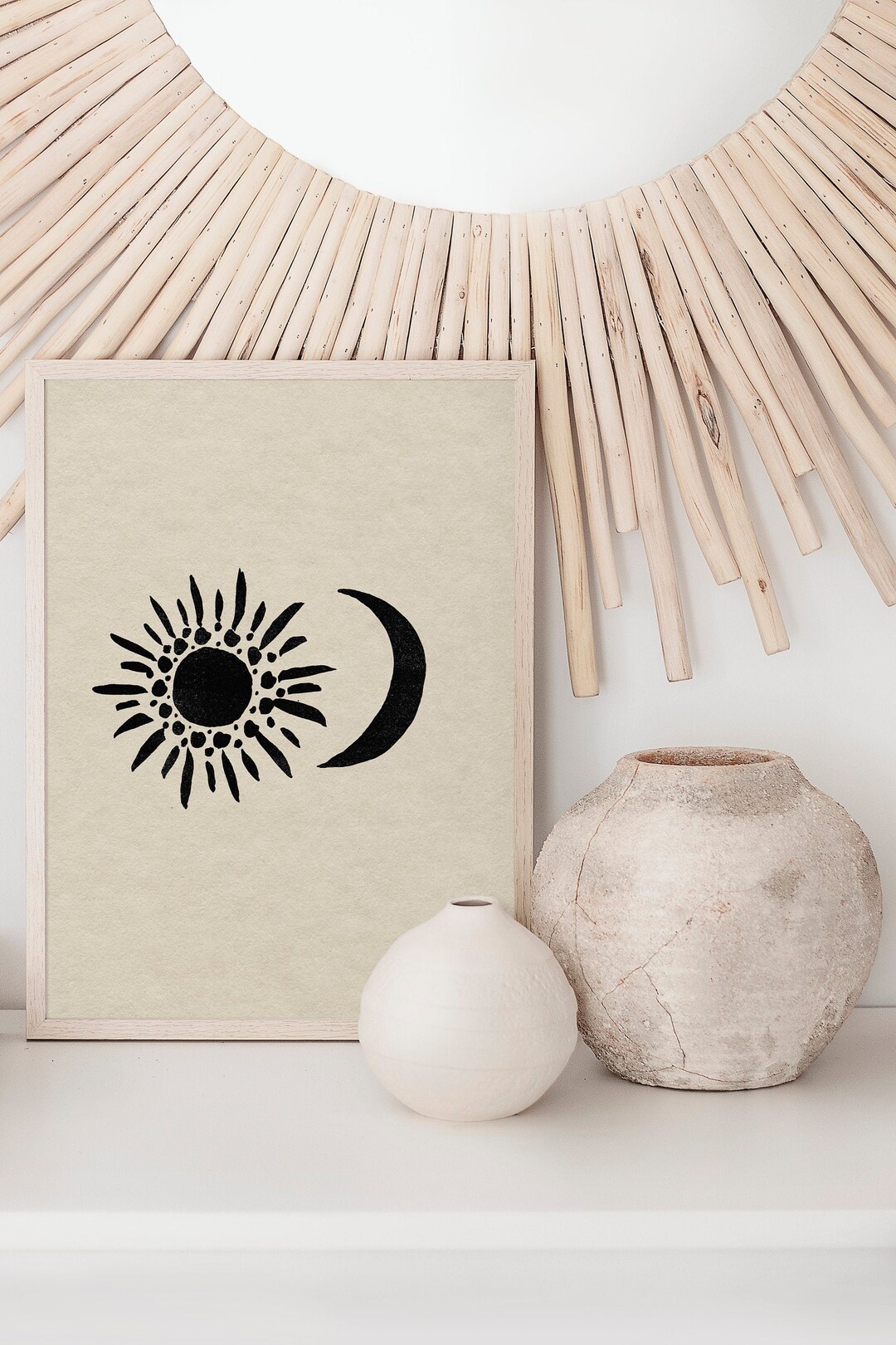 Bohemian Sun and Moon Print - the Sun, the Moon, Imperfect, Minimalist ...