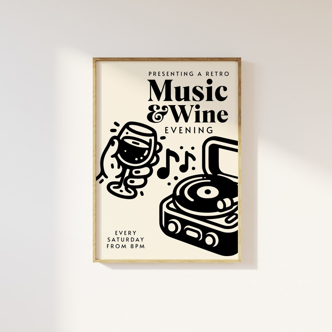 Retro Music and Wine Evening Print | Retro Illustration Poster, Kitchen ...