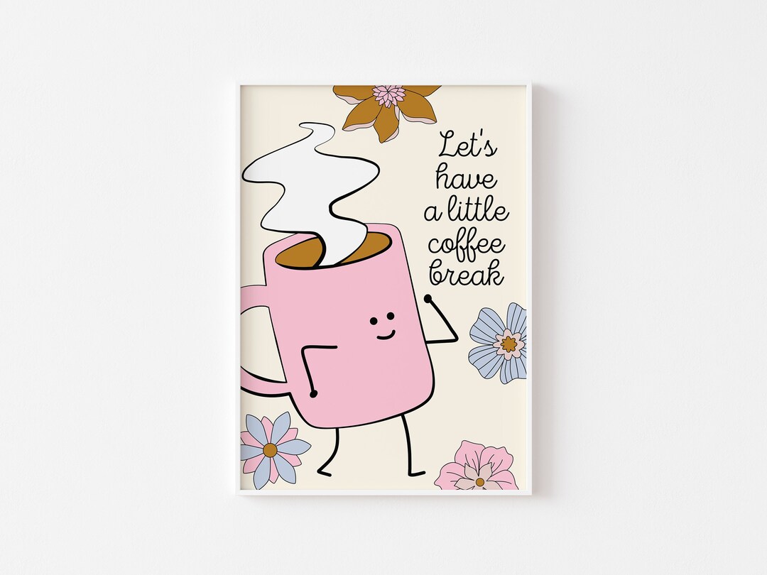 Cute Character Coffee Break Print - Pink Coffee Kitchen Print, Dorm Uni ...