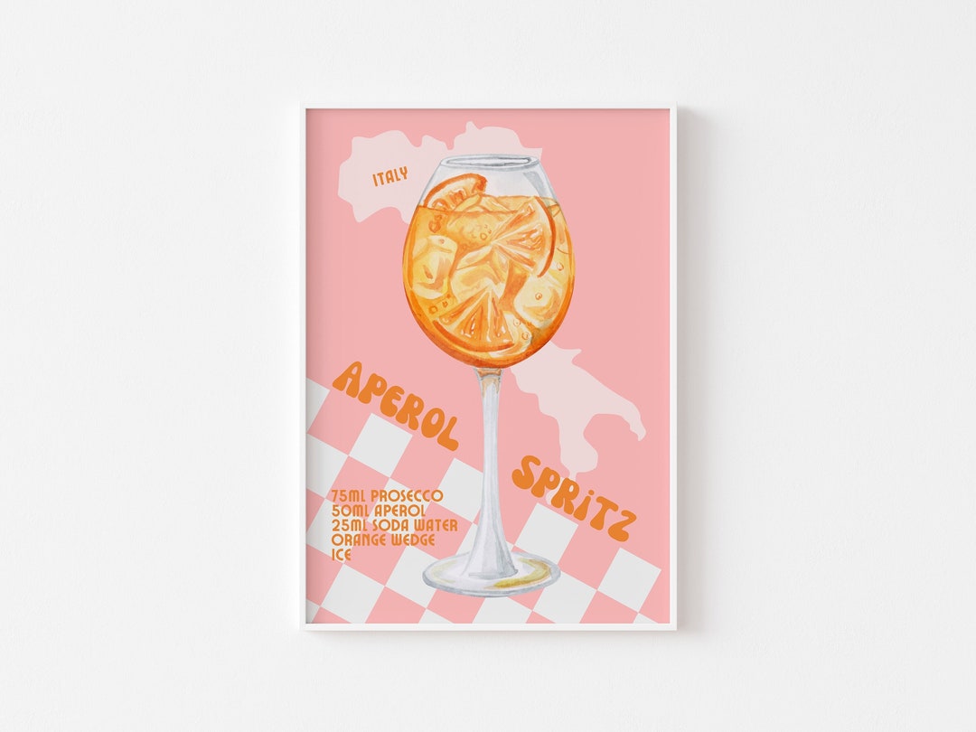 Aperol Spritz Retro Cocktail Print - Pink Checkerboard, Prosecco ...