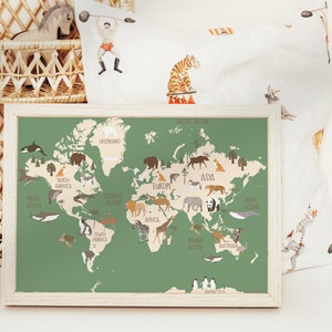 Animal World Map for Kids Room and Nursery - 10 Colours Available ...