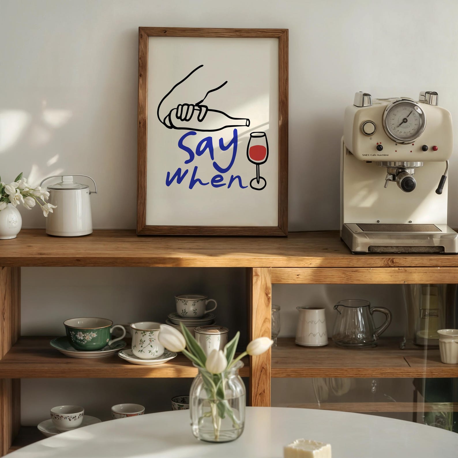 Say When Wine Print, Retro Hand Drawn Kitchen Art, Cool Wine Pouring ...