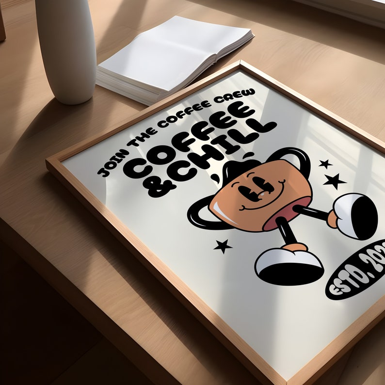 Coffee and Chill Retro Mascot Character Kitchen Print - Funky Retro ...