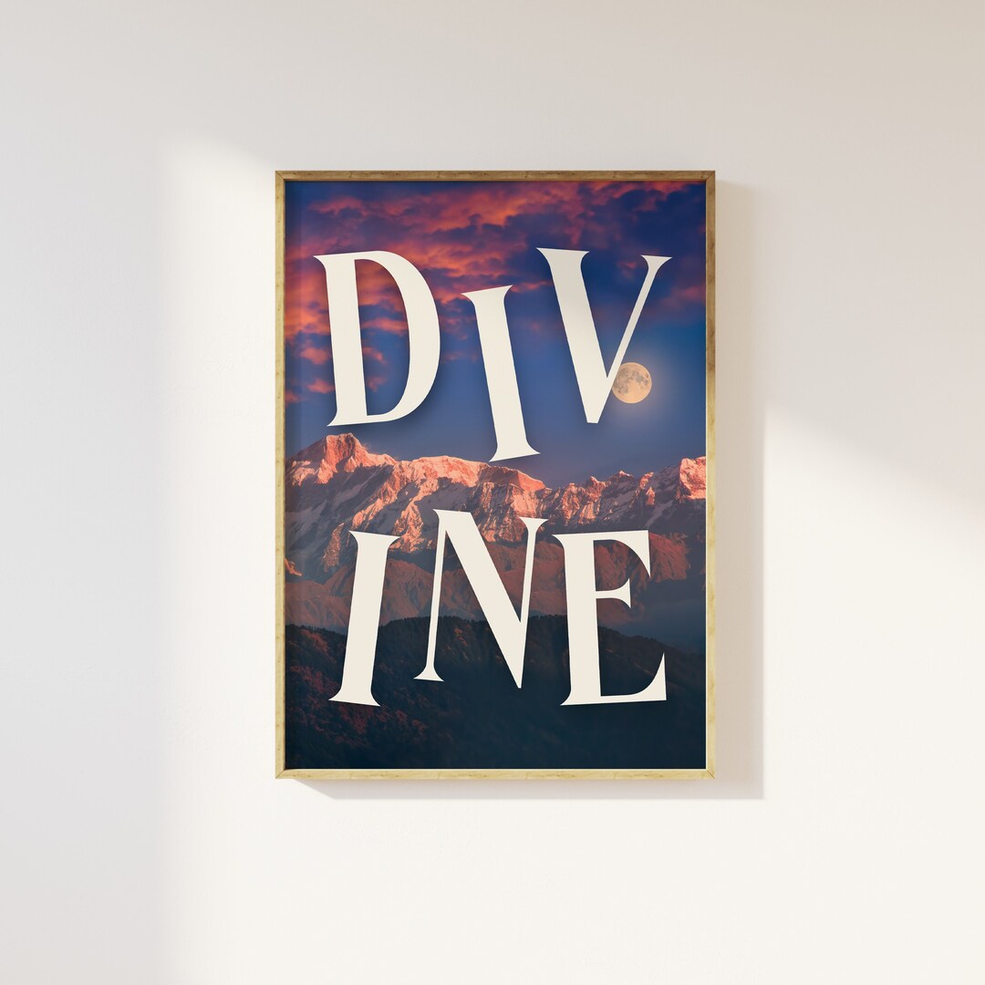Divine Typography Aesthetic Mountains Print - Moon Above Mountains Pink ...