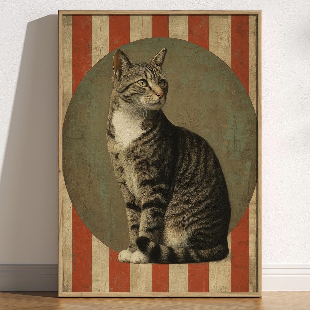 Vintage Cat Art Print: Rustic Farmhouse Animal Poster - Etsy