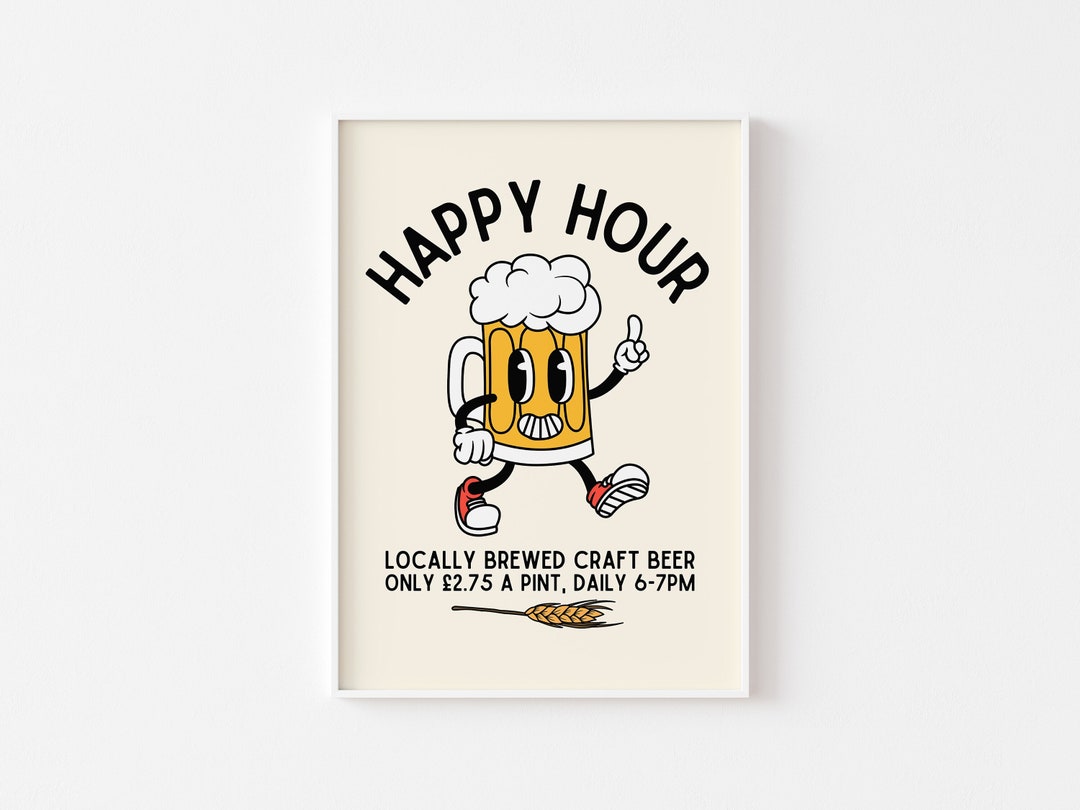 Happy Hour Craft Beer Retro Character Print - Fun Kitchen Print, Pint ...