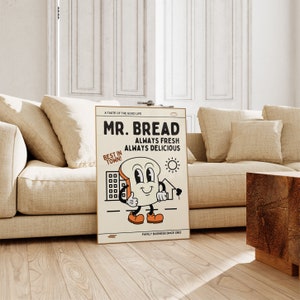 Mr Bread Retro Characters Print - Fun Kitchen Print, Retro Mascot ...