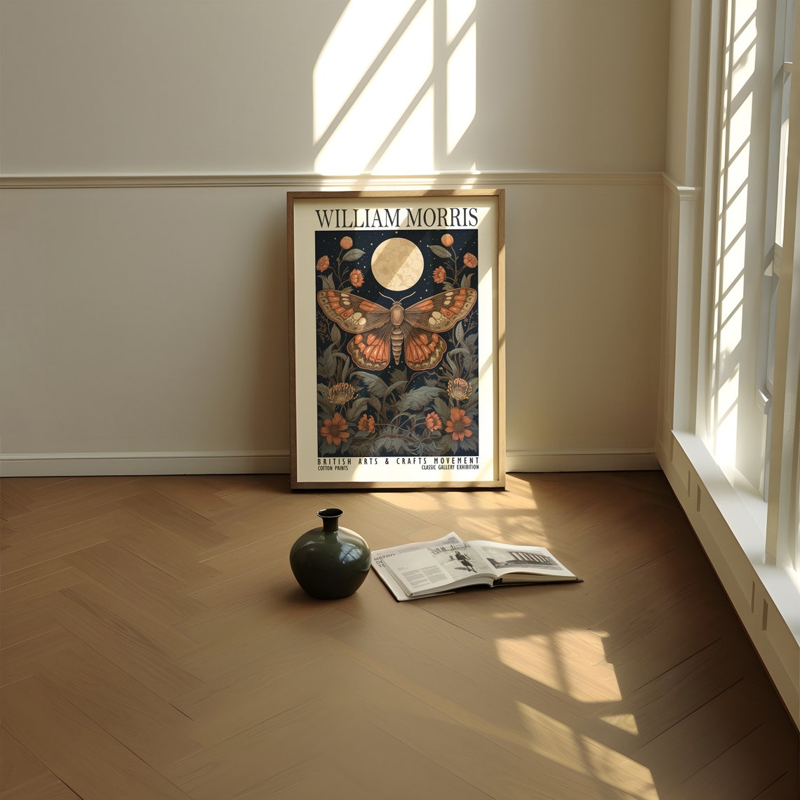 William Morris Style Botanical Moth and Moon Print - Cotton Prints ...