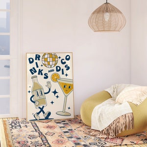 Drinks and Disco Retro Character Disco Ball and Cocktail Print - Retro ...