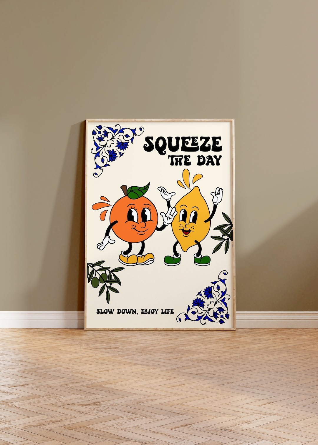 Squeeze the Day Retro Character Print - Lemon Orange Juice Retro ...