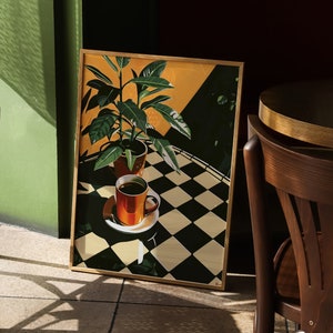 Retro Coffee Shop Print, Retro Cafe, Coffee Art, Checkerboard Tiles ...