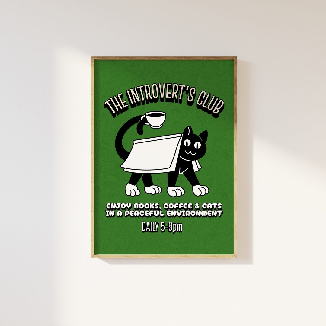 The Introvert's Club Retro Print - Fun Retro Wall Art, Vintage Cats ...