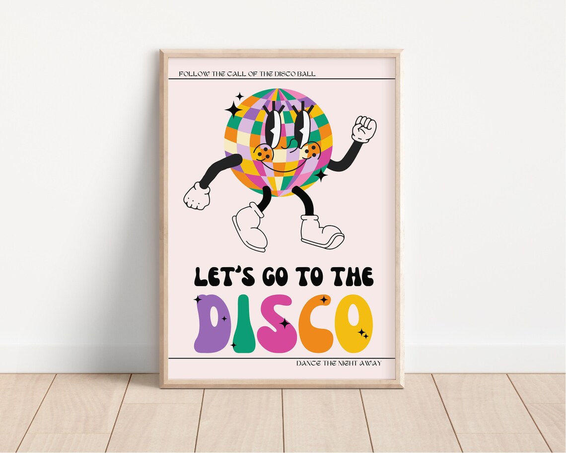 Retro Mascot Disco Print - Let's Go to the Disco, Cartoon Mascot, Disco ...
